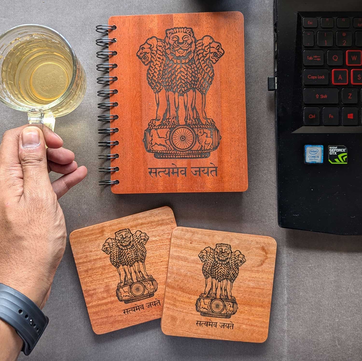 Ashok Stambh Engraved Wood Diary | Ashoka Pillar Emblem Notebook ...